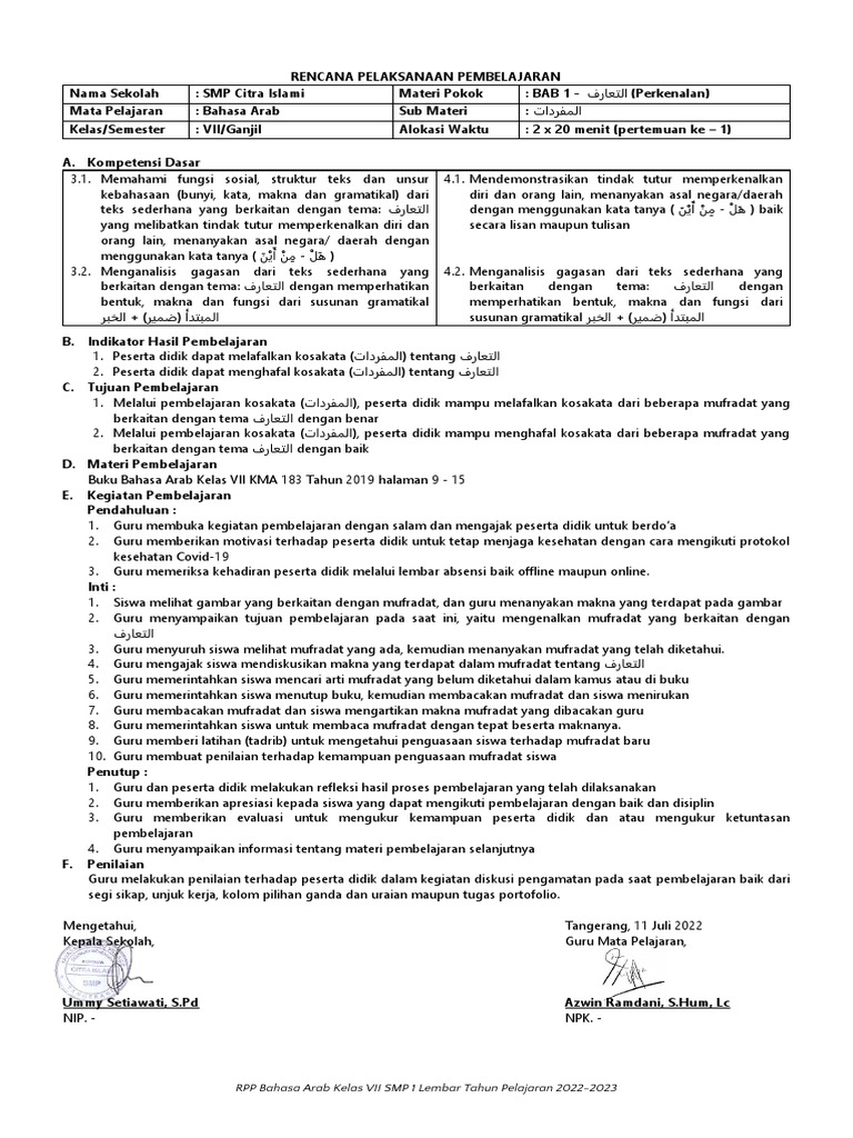 RPP Bahasa Arab Kelas VII | PDF | Kajian Bahasa Asing