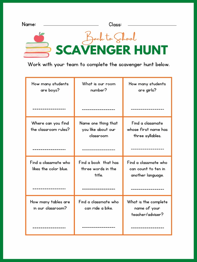 Green and Orange Interactive Back To School Scavenger Hunt Worksheet | PDF