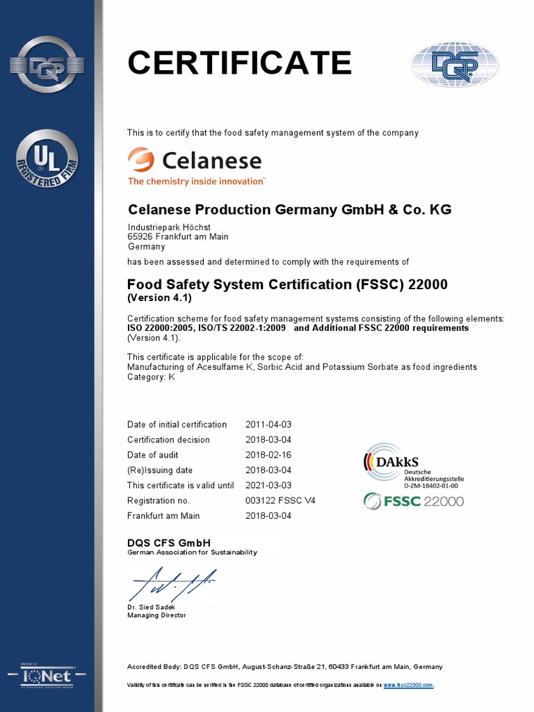 FSSC Certificate | PDF