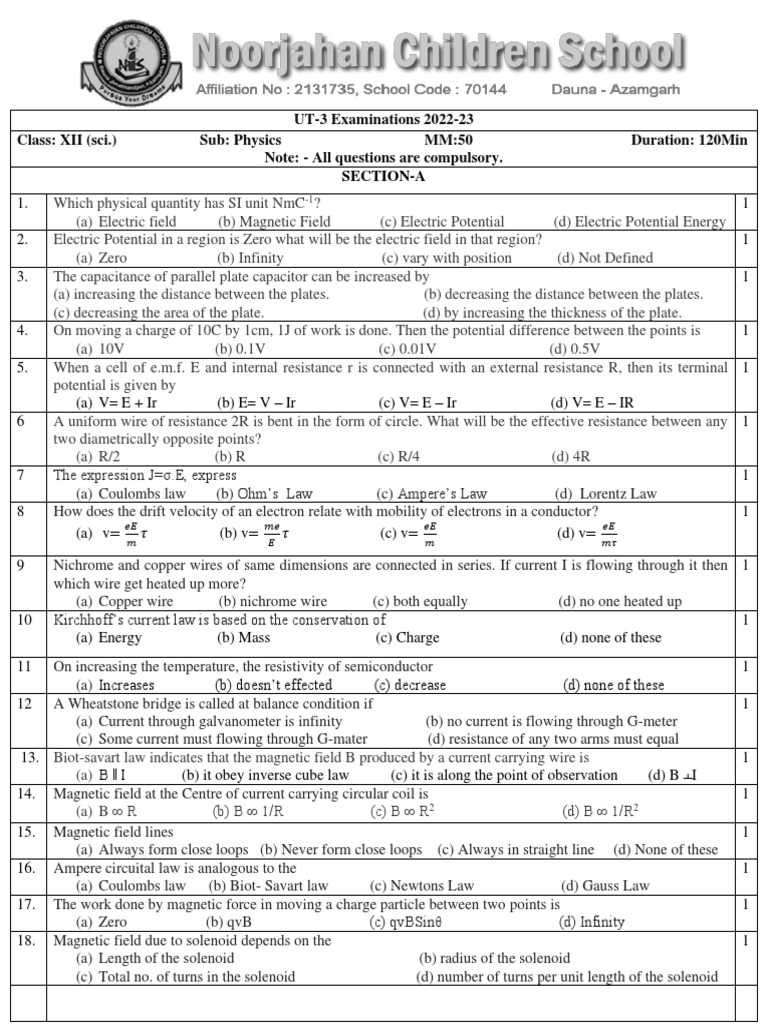 Physics UT-III, calssXII | Descargar gratis PDF | Magnetic Field | Potential Energy