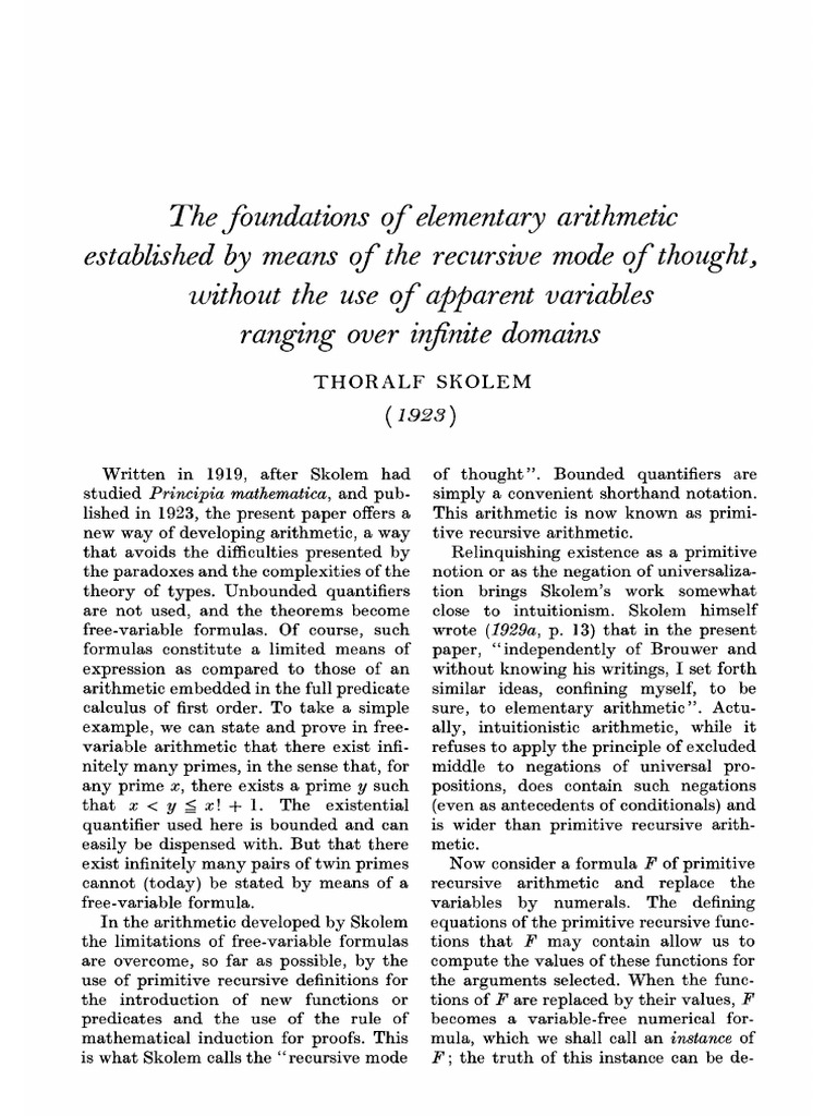 Skolem - The Foundations of Elementary Arithmetic | PDF