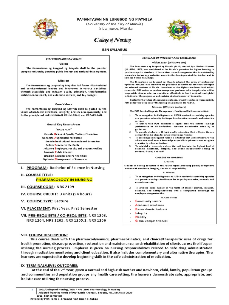 NRS 2109 Revised Pharma Syllabus AY 2020 2021 | PDF | Nursing ...