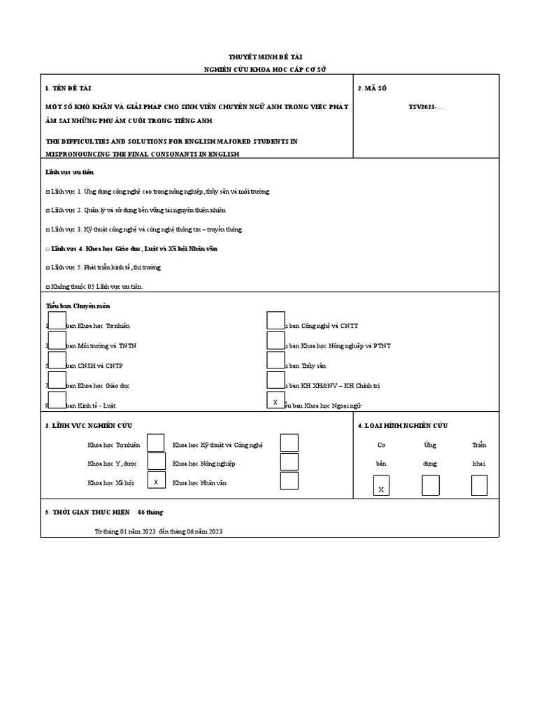 03 - Mau Thuyet Minh - de Tai NCKH SV - 2023 | PDF