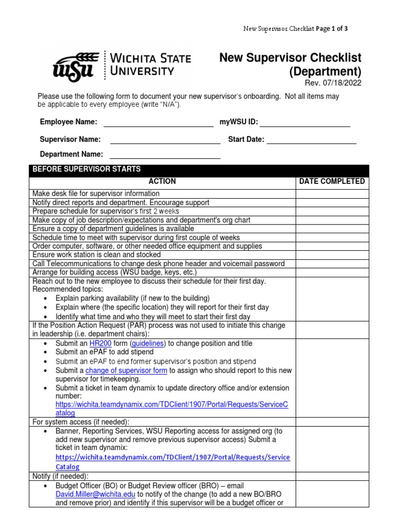 New Supervisor Checklist Department | PDF | Supervisor | Computing