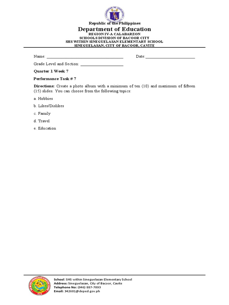 Quarter 1 Performance Task #7 | PDF | Wellness