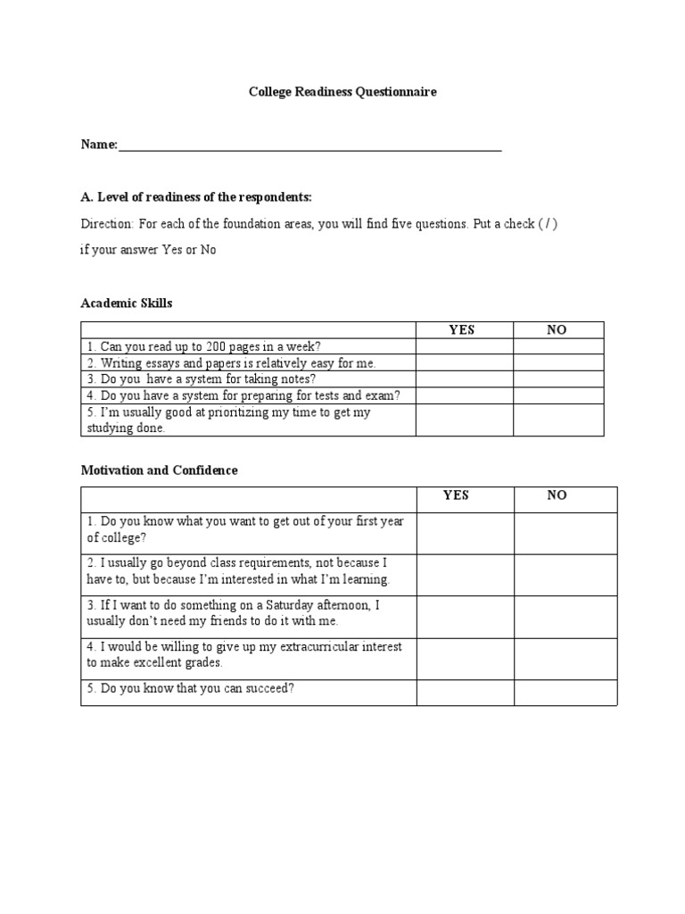 College Readiness Questionnaire | PDF | Test (Assessment) | Behavior ...