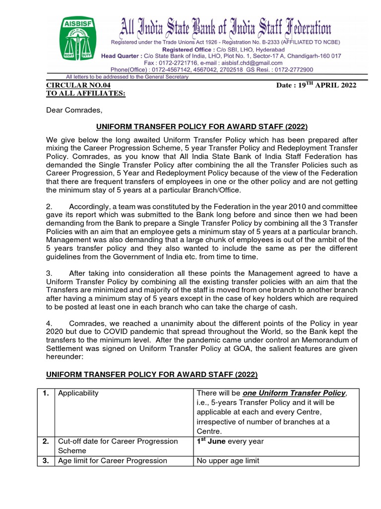 SBI Uniform Transfer Policy 2022 | PDF | Disability | Employment