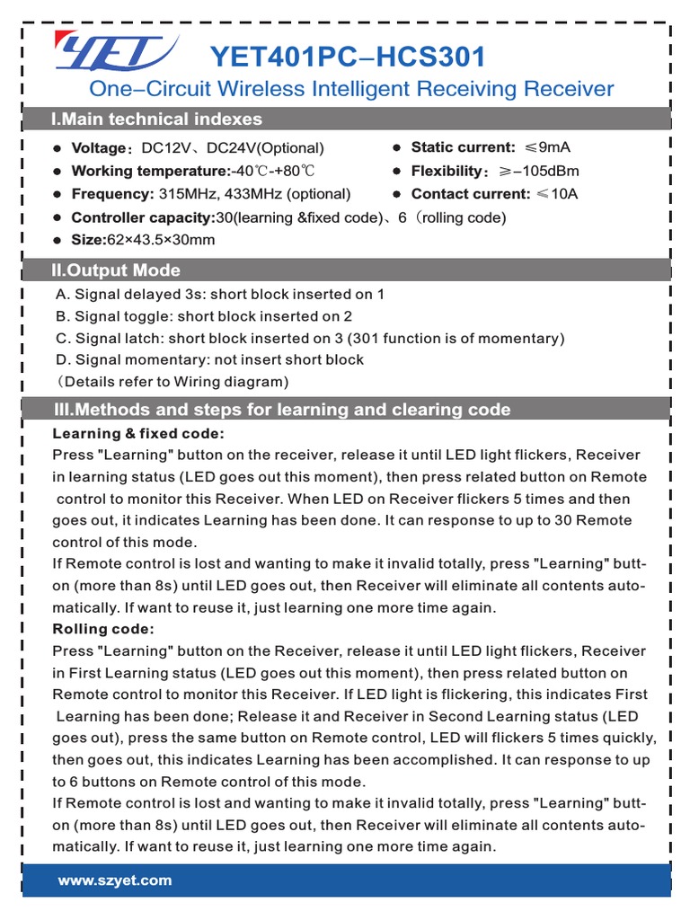 YET401PC-HCS301 One-Circuit Wireless Intelligent Receiving Receiver Technical Specifications ...
