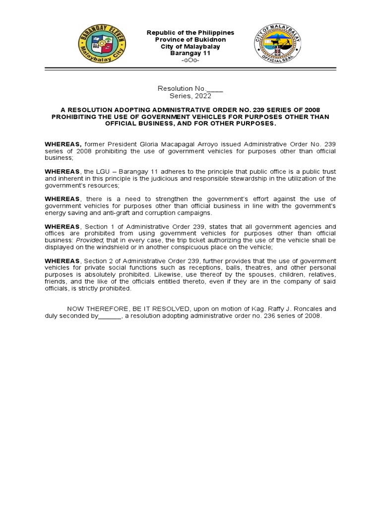 Resolution Use of Barangay Vehicle | PDF