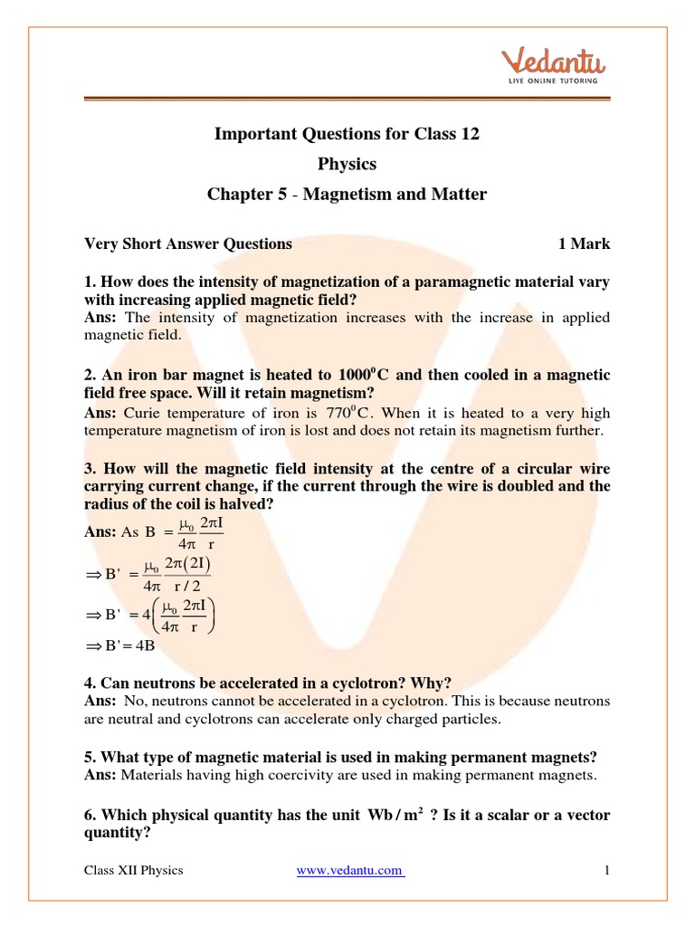 Important Questions on Magnetism and Matter | PDF | Magnetic Field ...