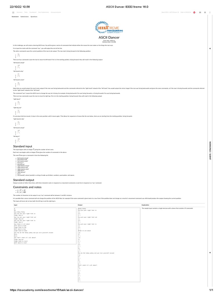 ASCII Dancer IEEEXtreme 16.0 | PDF | Computer Engineering | Computer Programming