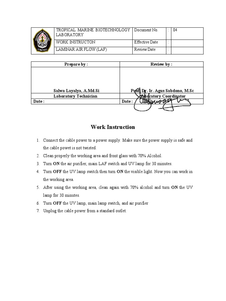 SOP Laminar Air Flow. | PDF