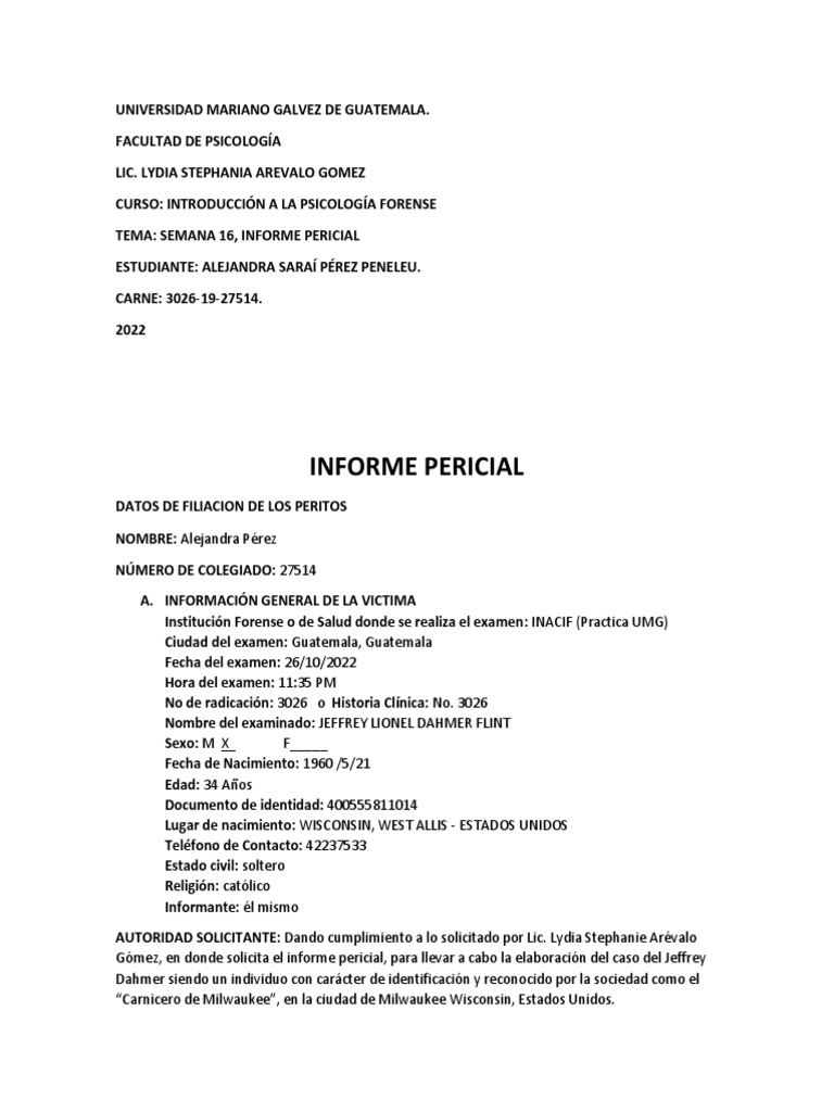 Semana 16 Forense, Informe Pericial Jefrey Dahmer, Listo | PDF | Conceptos psicologicos | Sicología