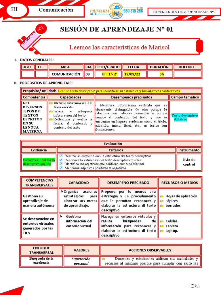 III Ciclo - Sesión de Aprendizaje Sesión1-Sem.1-Exp.9-Comunicación | PDF | Aprendizaje | Evaluación