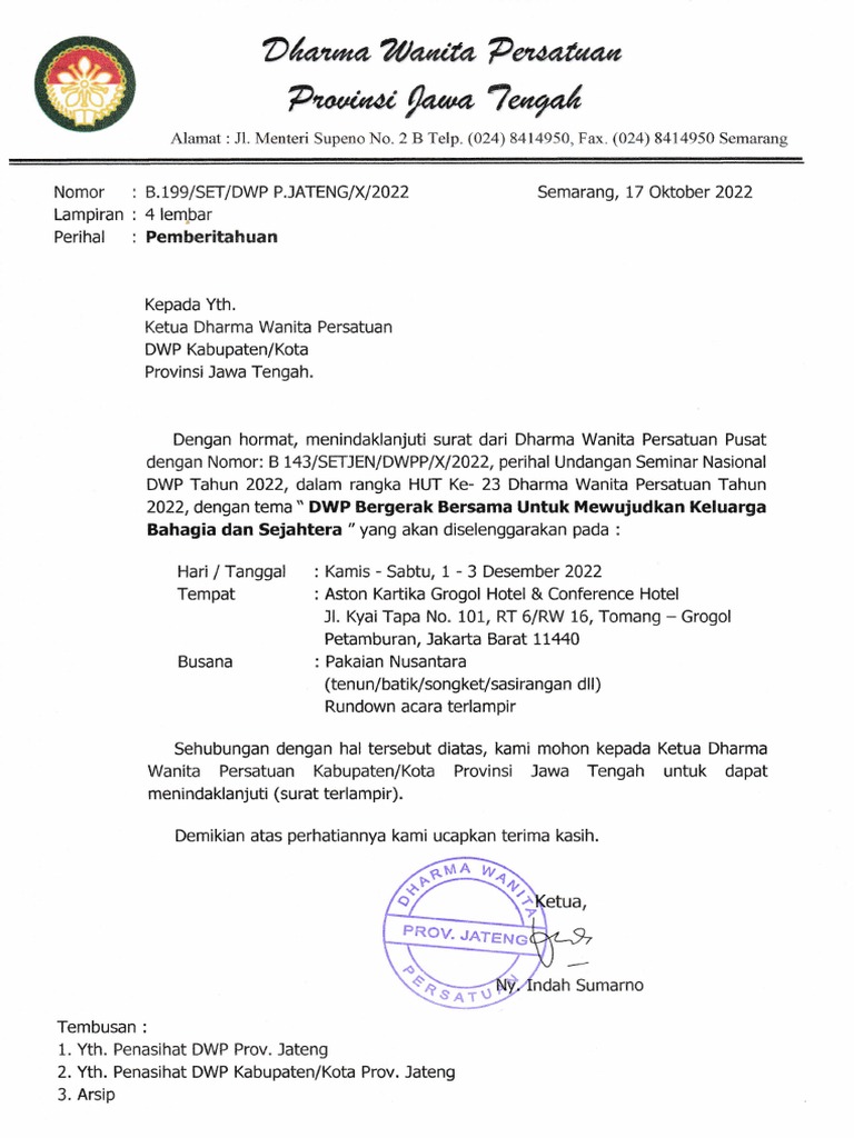 Surat Pemberitahuan DWP Kab Kota Perihal Semnas DWP Tahun 2022 | PDF