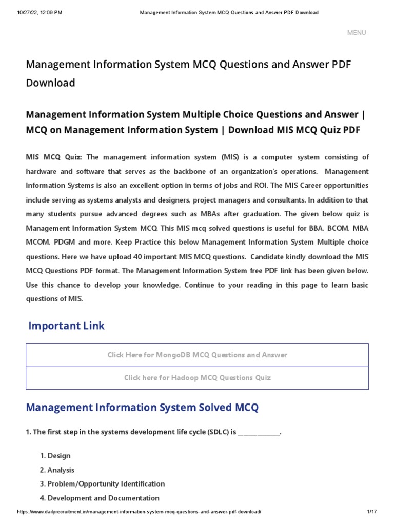 Management Information System MCQ Questions and Answer PDF Download | PDF | System | Information ...