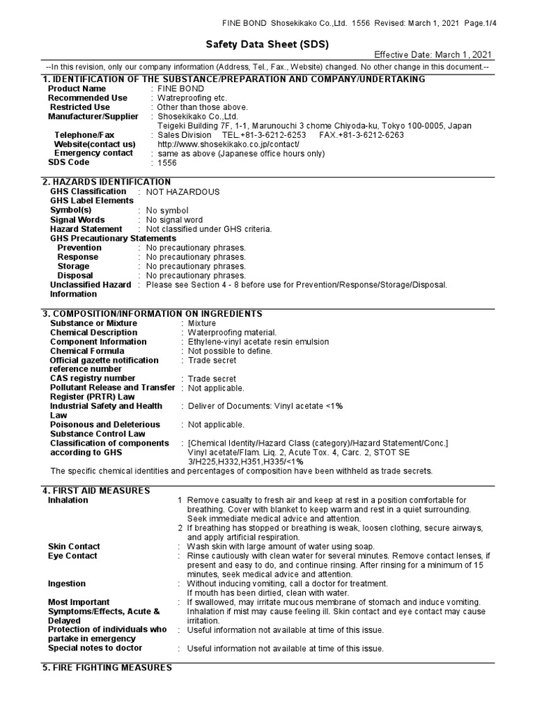 FINE BOND SDS Updates Company Info | PDF | Dangerous Goods | Waste ...