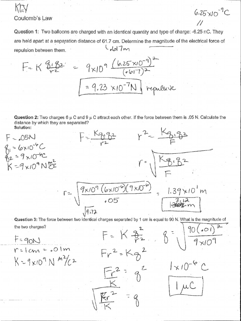 Coulombs Law Worksheet Solutions | PDF