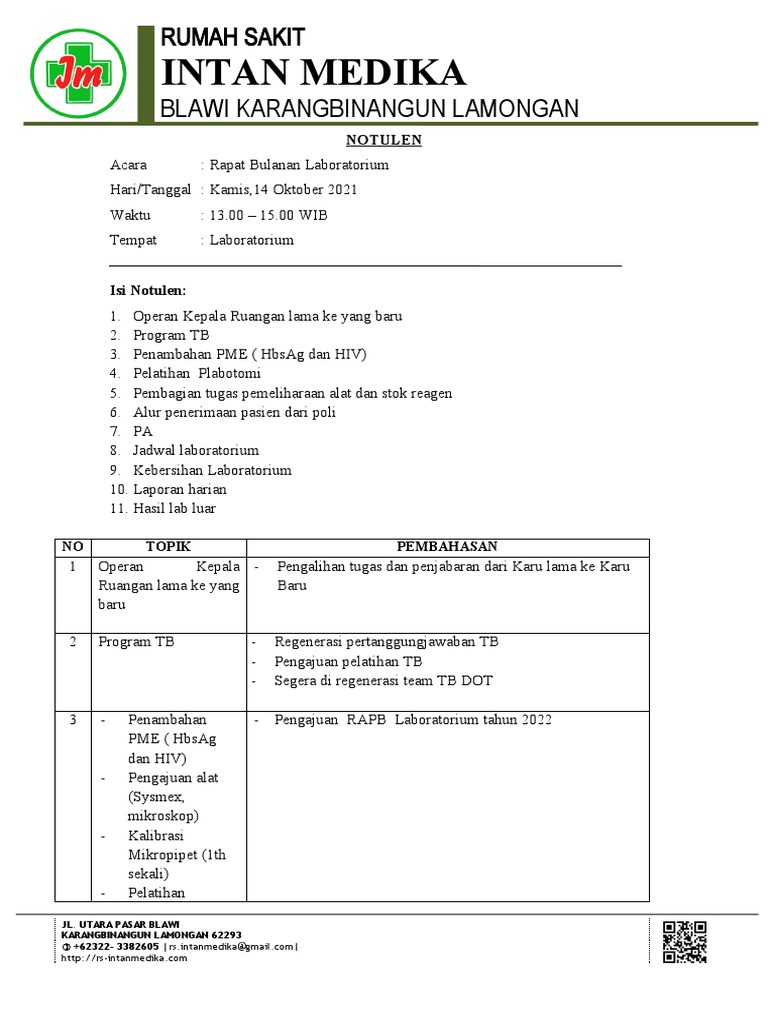 Notulen Rapat Laboratorium RS Intan Medika | PDF