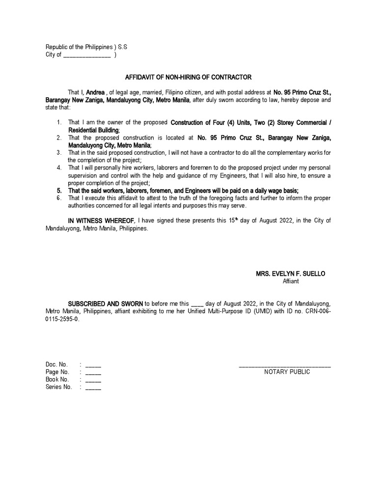 Affidavit of Non-Hiring of Contractor | PDF