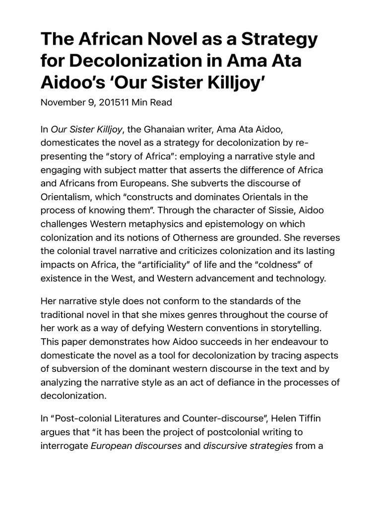 The African Novel As A Strategy For Decolonization in Ama Ata Aidoo's 'Our Sister Killjoy' | PDF ...