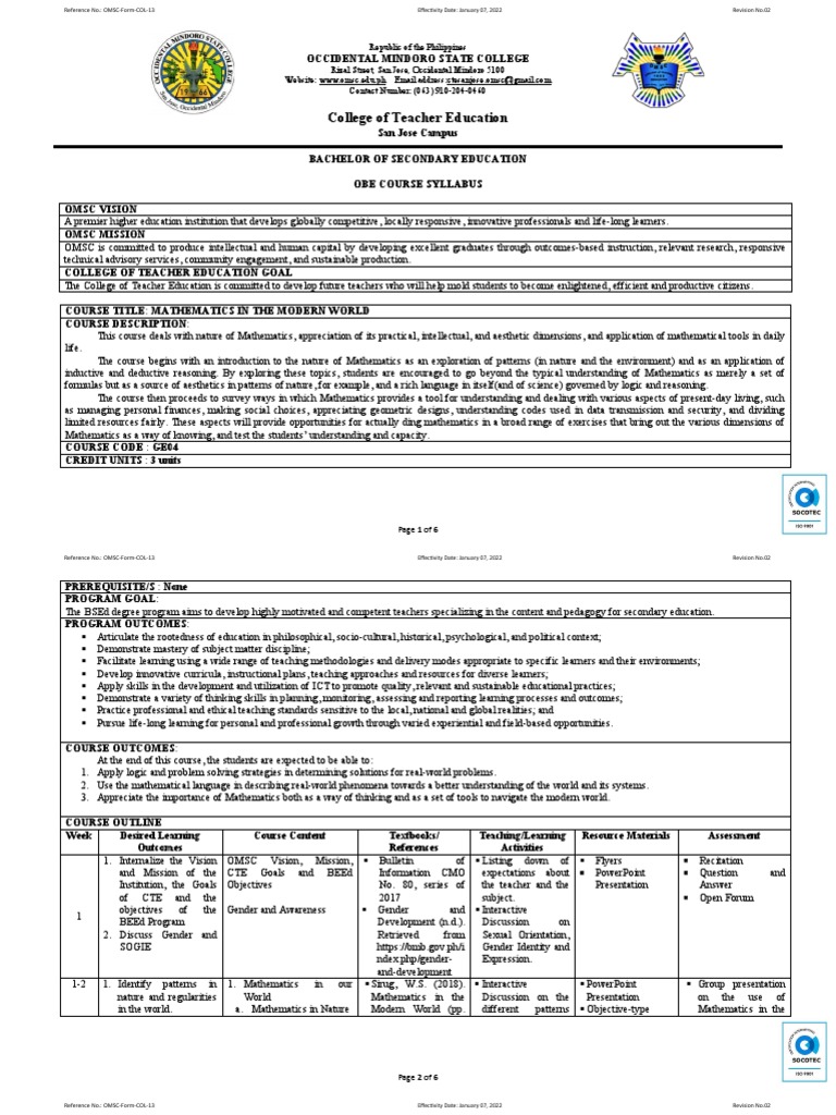 BSEd-Syllabus Technology For Teaching and Learning 1 | PDF | Teaching Method | Statistics