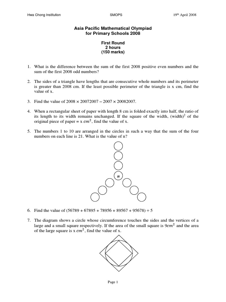APMOPS (SMOPS) 2008 First Round With Answers | PDF | Area | Triangle