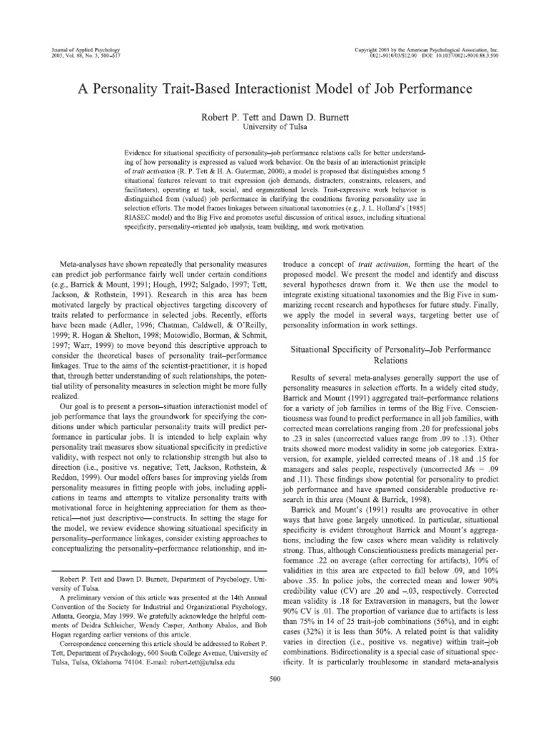A Personality Trait Based Interactionist Model Of Job Performance Pdf