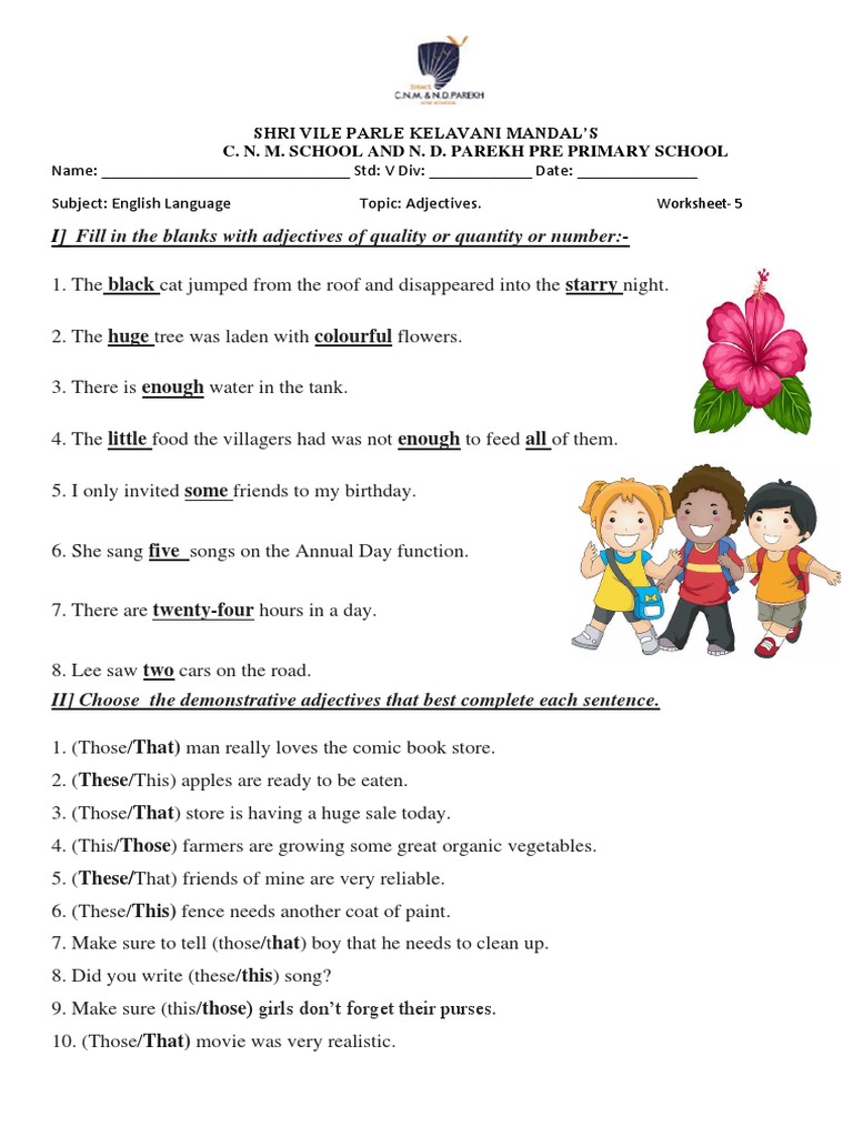 Adjectives Worksheet-5 2021-22 - ANSWER KEY | PDF | Adjective