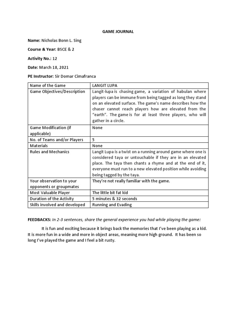 GAME JOURNAL Activity 15 LANGIT LUPA | PDF