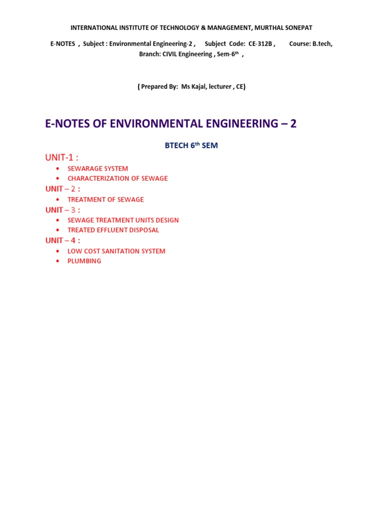 Enviranmental Engineering Notes | PDF | Sewage Treatment | Sanitary Sewer