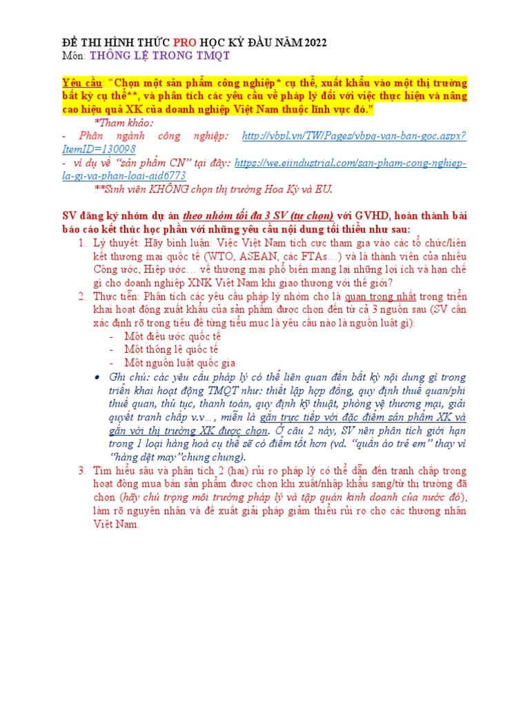 (Thông Lệ TMQT) Đề Thi Hình Thức Pro Học Kỳ Đầu Năm 2022 | PDF