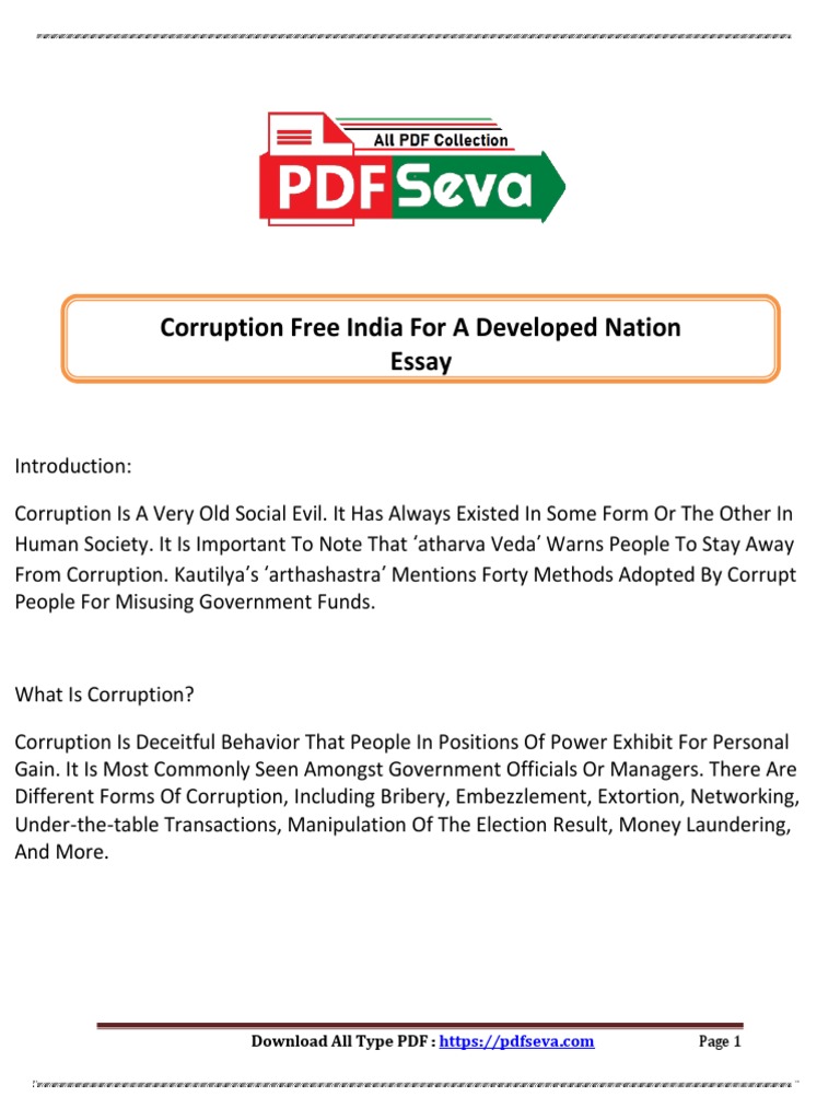 Corruption Free India For A Developed Nation Essay | PDF | Corruption ...
