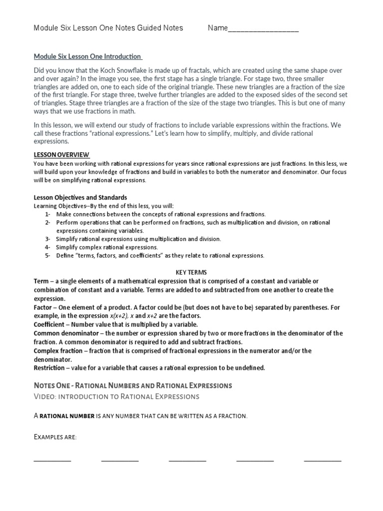 Module Six Lesson One Notes Guided Notes | PDF | Rational Number ...