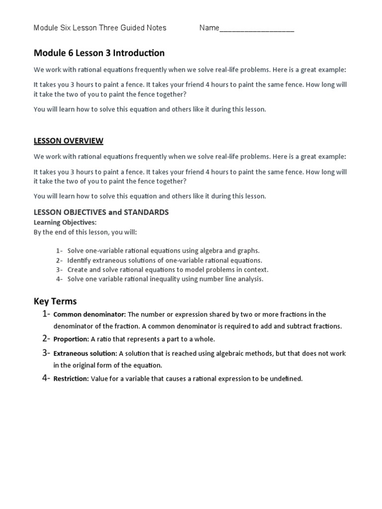 Module Six Lesson Three Notes Guided Notes | PDF | Equations | Numbers