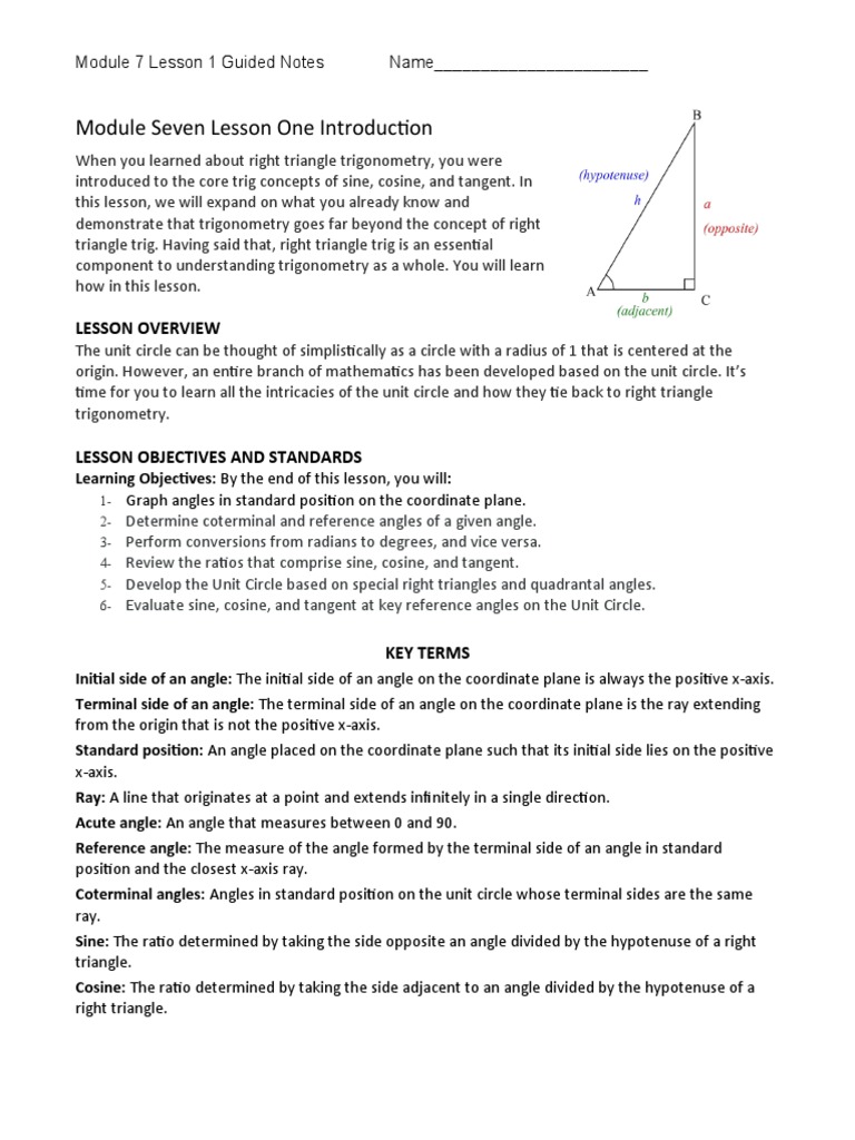 Module Seven Lesson One Notes Guided Notes | PDF | Trigonometric ...