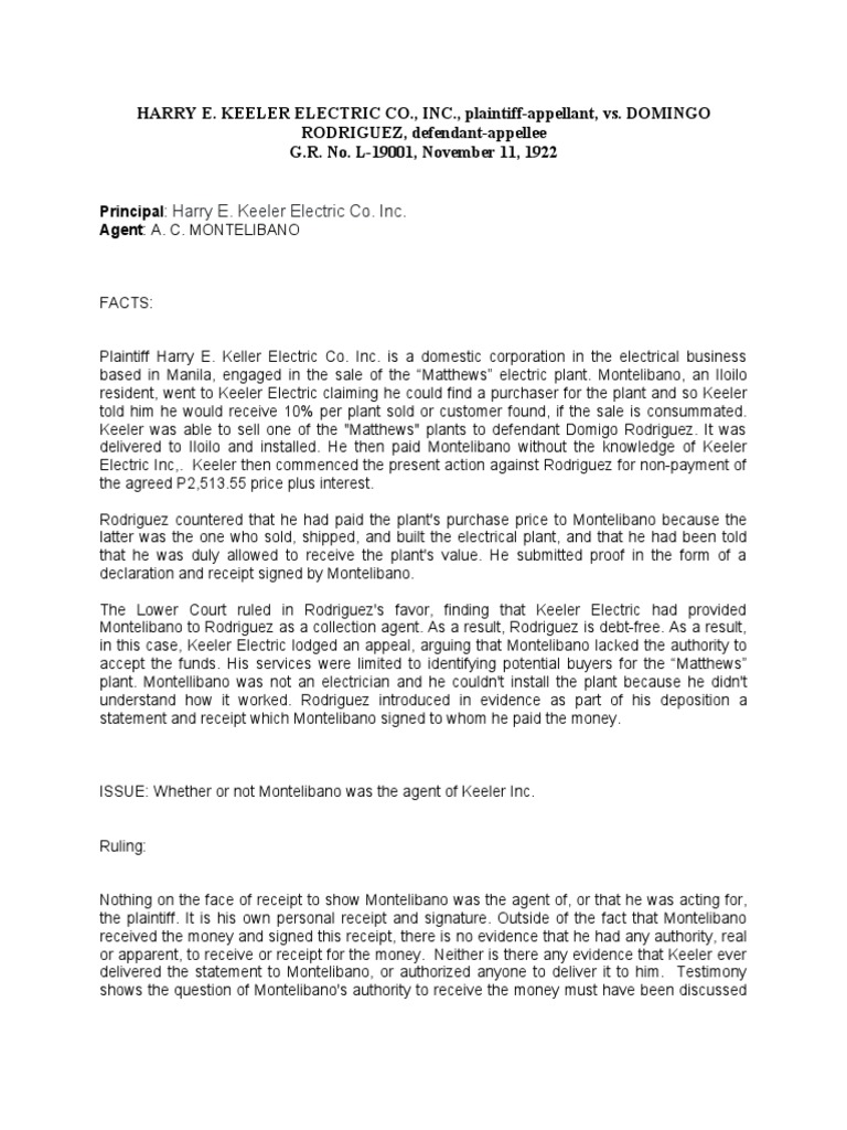 Harry Keeler Electric Co. v. Rodriguez, G.R. No. L-19001, November 11 ...