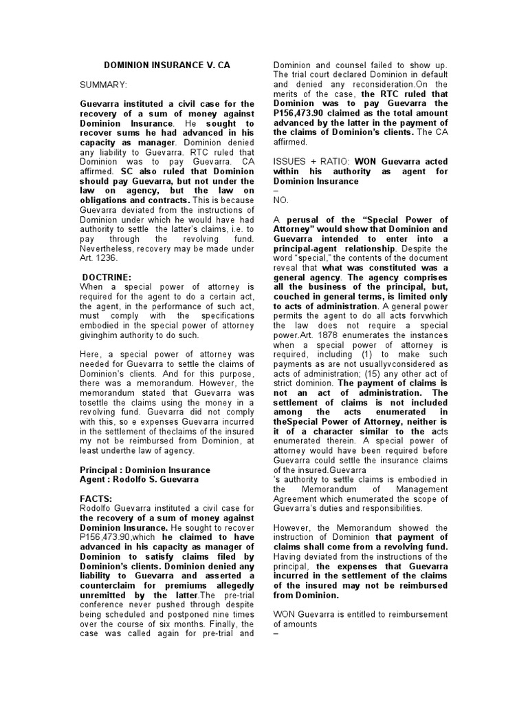 Dominion Insurance Vs CA | PDF | Insurance | Power Of Attorney