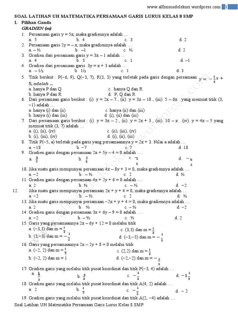 Soal Latihan Uh Matematika Persamaan Garis Lurus Kelas 8 SMP | PDF