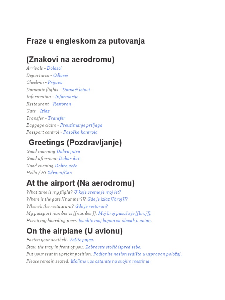 Fraze U Engleskom Za Putovanja | PDF