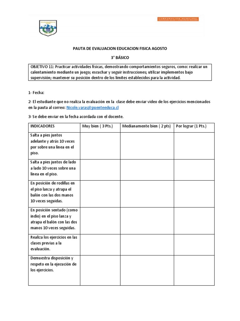 3° Basico Pauta. Educación Fisica A Evaluar | PDF