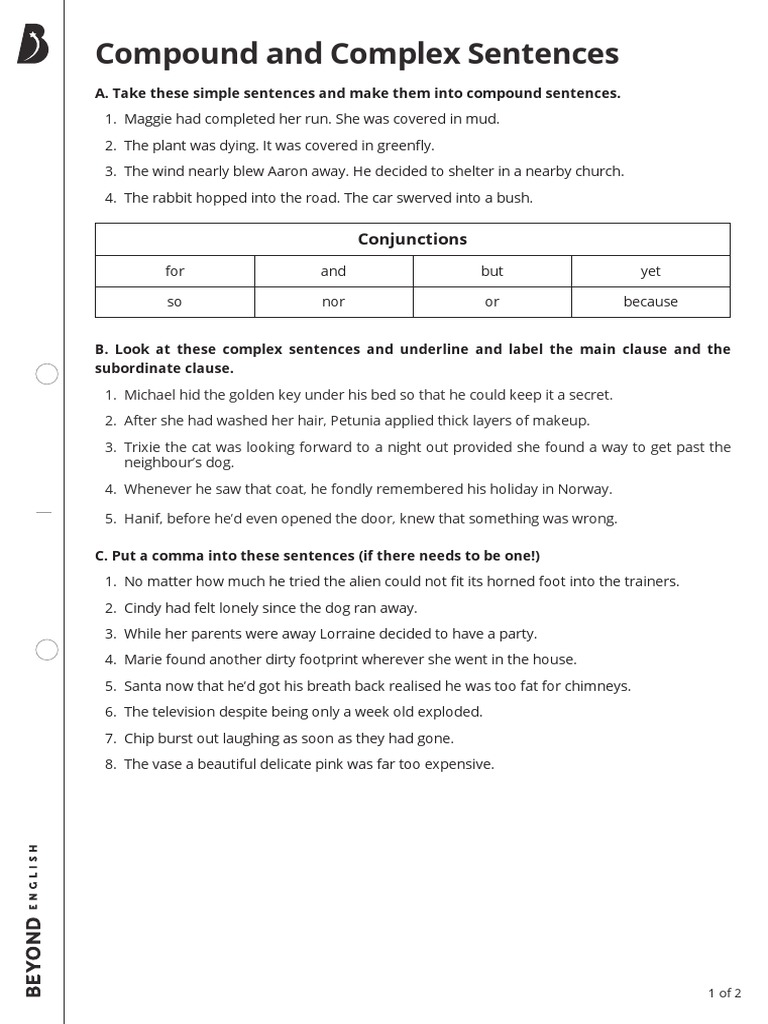 Compound and Complex Sentences Worksheet HA | PDF | Language Mechanics ...