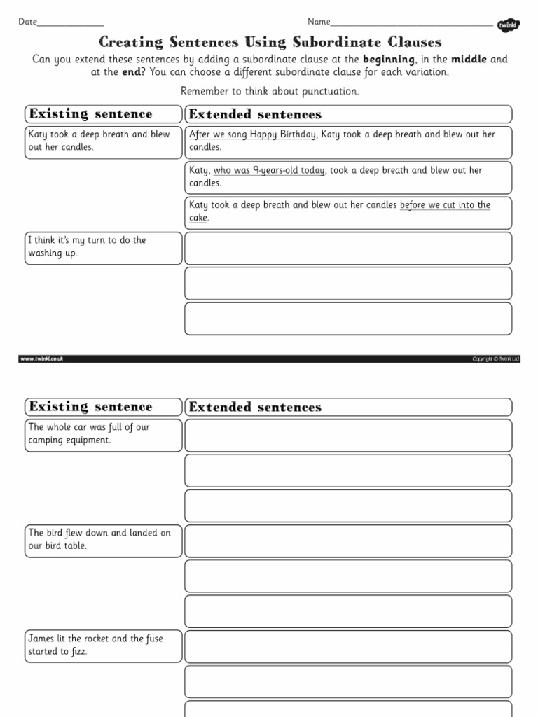 Extending Sentences by Adding Subordinate Clause Activity | PDF