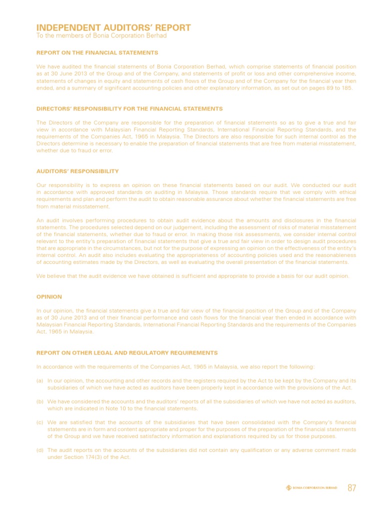 Independent Auditors' Report on the Financial Statements of Bonia ...