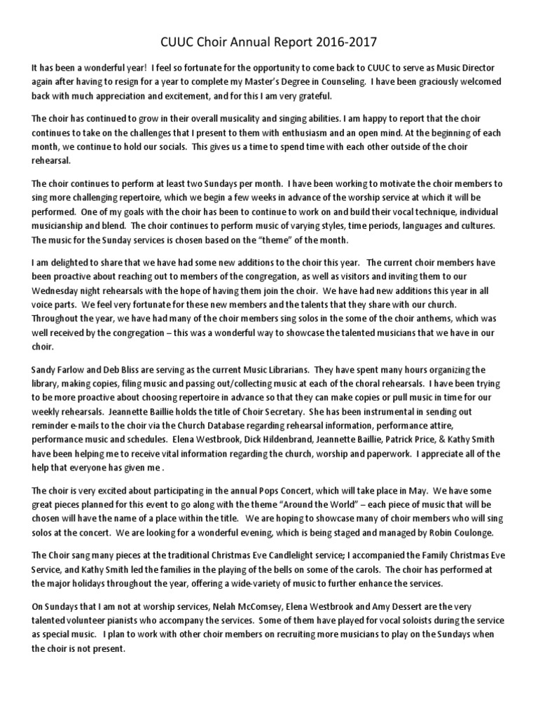 CUUC Choir Annual Report 2016 2017 | PDF | Choir | Performing Arts