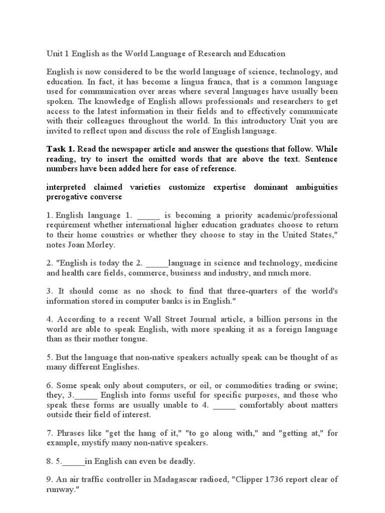 Unit 1 English As The World Language of Research and Education | PDF ...