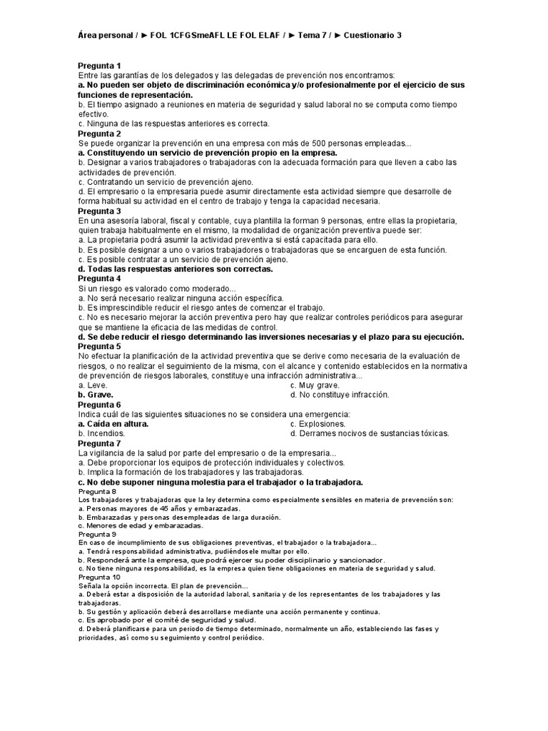 Cuestionario 3 Tema 7 Fol | Descargar gratis PDF | Derecho laboral | Seguridad y salud ocupacional