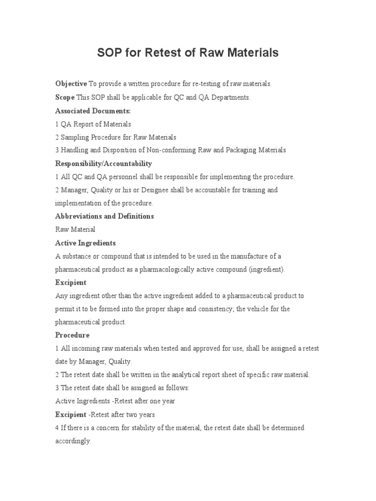 SOP For Retest of Raw Materials | PDF | Shelf Life | Physical Sciences