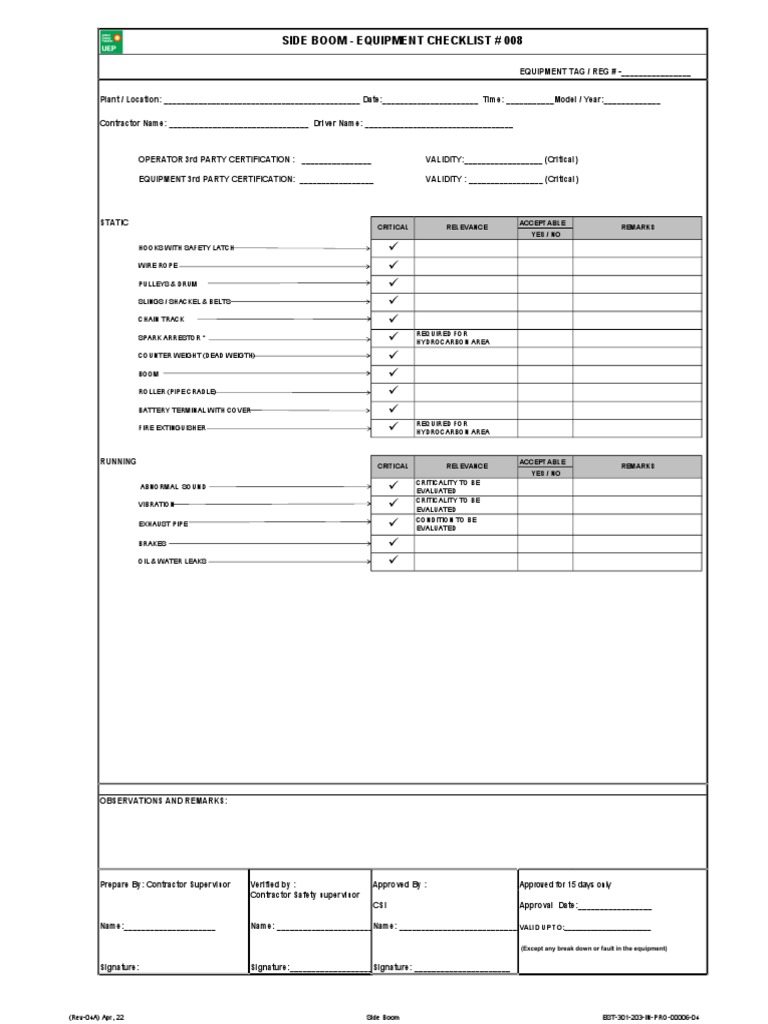 Side Boom Checklist (R-04A) Apr-22 | PDF | Manufactured Goods ...