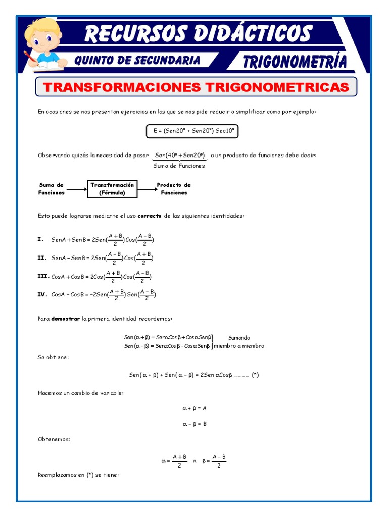 Ejercicios de Transformaciones Trigonométricas para Quinto de Secundaria | PDF | Matemáticas